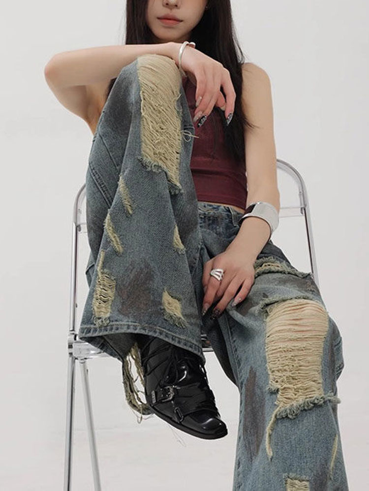 美式复古高级感牛仔裤女小众宽松显瘦阔腿裤高街破洞扎染拖地长裤 – VVIC | GLOBAL